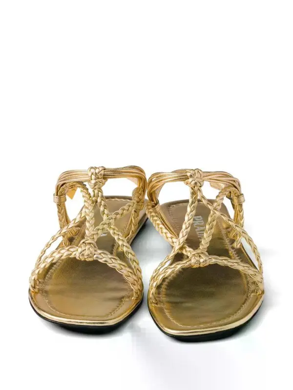 Prada Flat Braided Nappa Leather Sandals With Triangle Logo - Gold