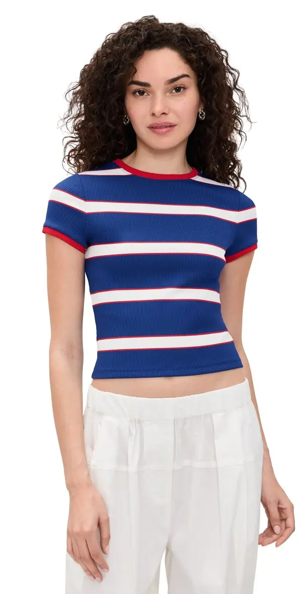 Alice + Olivia Onie Baby Ringer Tee - Glamour Stripe Twilight Blue