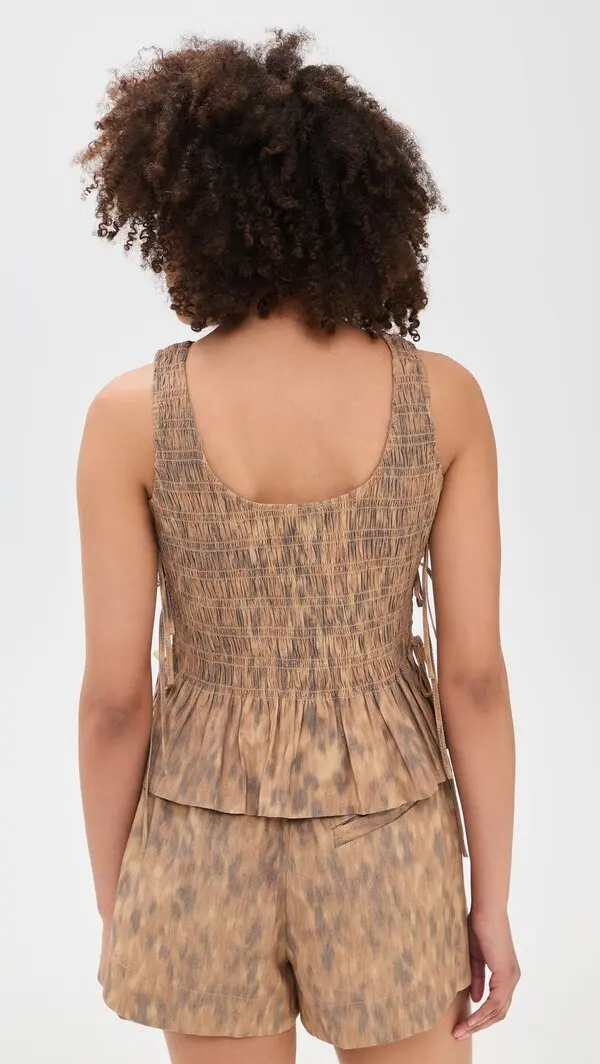 GANNI Cotton Smocked Tie String Top In Leopard Print - Burro