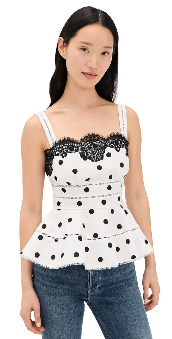 SELF-PORTRAIT Polka Dot Lace Trim Peplum Top