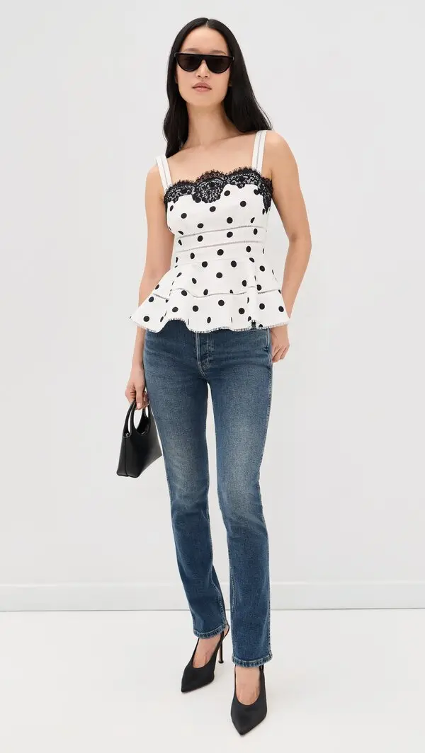 SELF-PORTRAIT Polka Dot Lace Trim Peplum Top