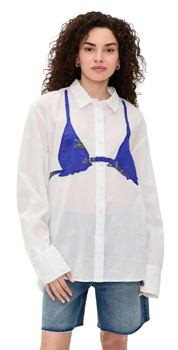 CONIGLIO PALM BEACH Collared Cotton Button-down Shirt - White W/ Palm Deep Periwinkle