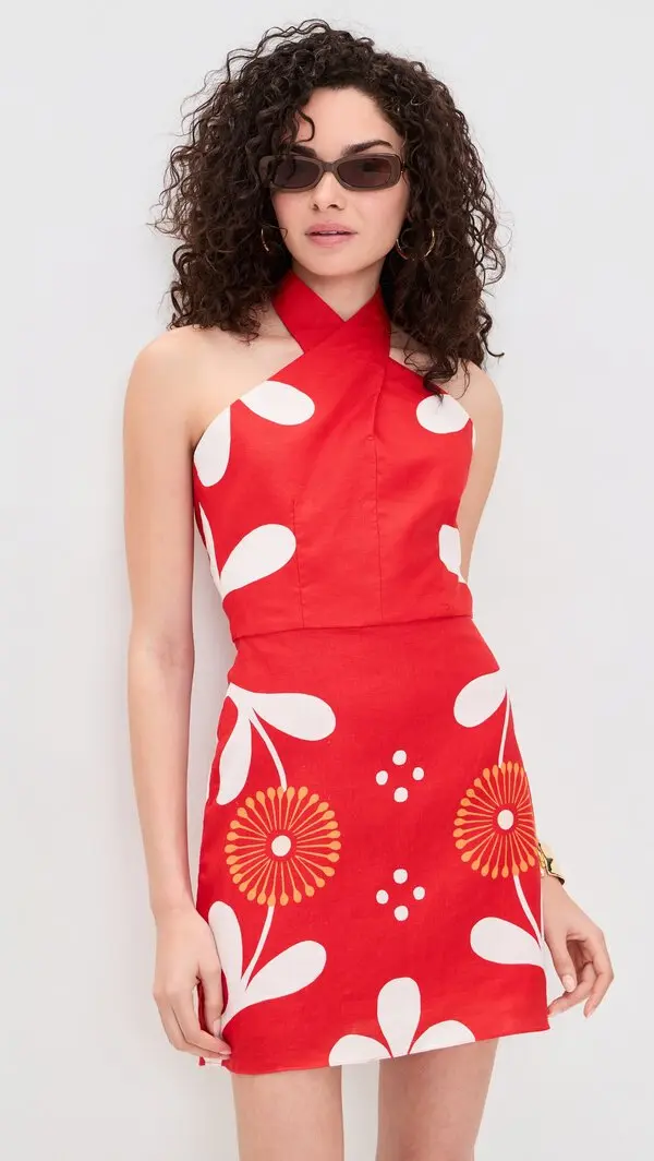 CALA DE LA CRUZ Floral Print Halterneck Mini Dress