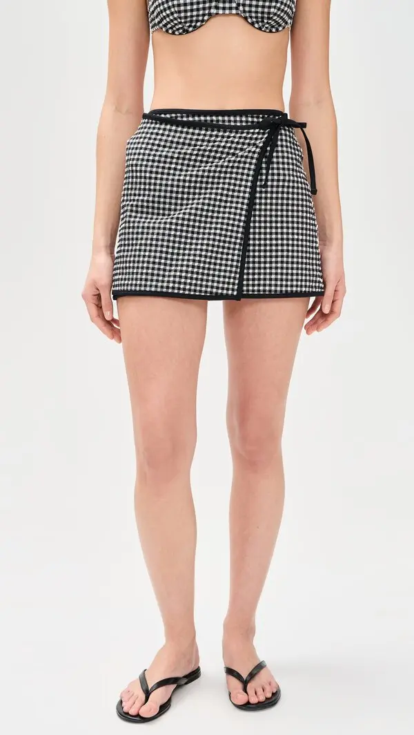 Onia Mini Wrap Skirt With Gingham Check Pattern And Tie Waist - Black/white