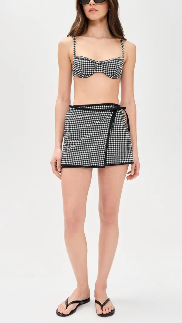 Onia Mini Wrap Skirt With Gingham Check Pattern And Tie Waist - Black/white