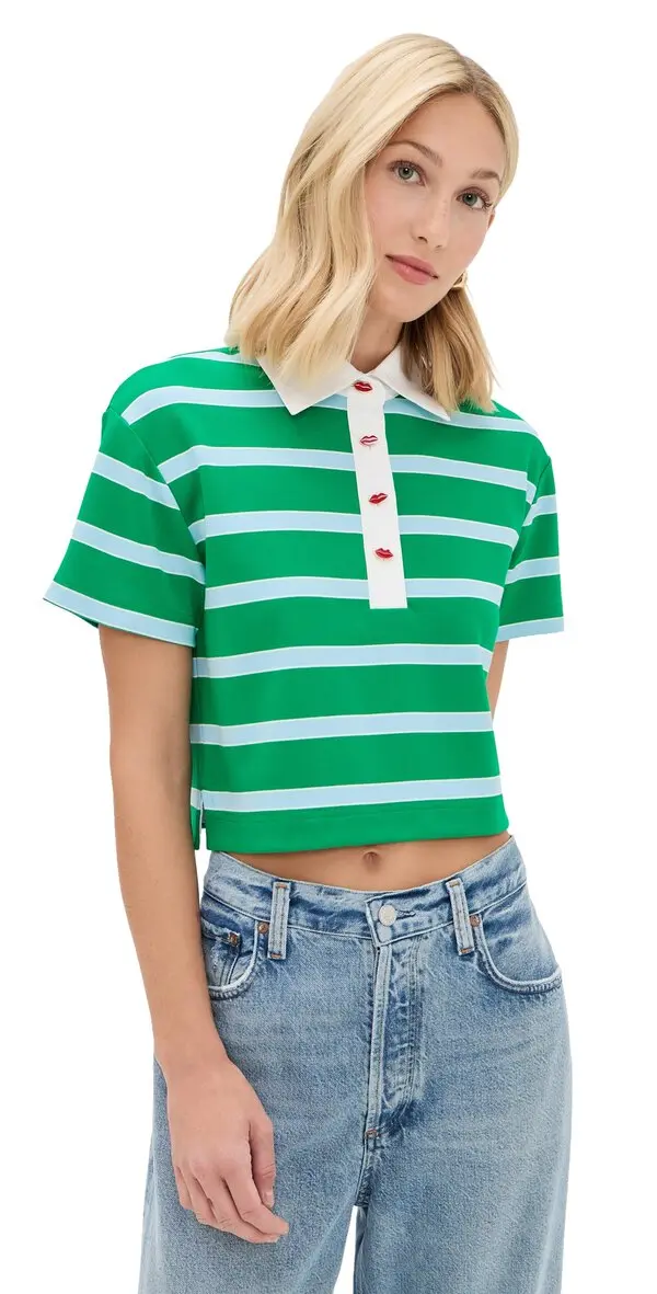 Alice + Olivia Lyle Short Sleeve Rugby Polo Top - Green Apple/carolina Blue Stripe