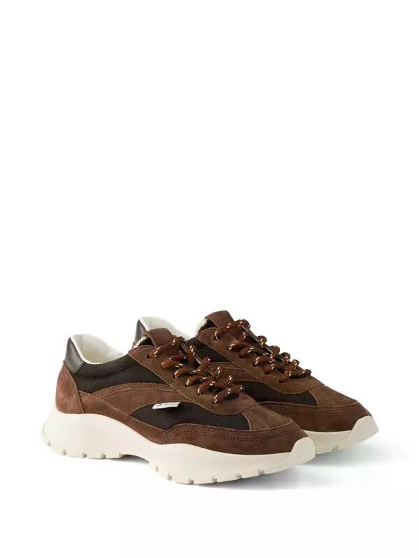 Prada Mesh Fabric And Suede Lace-up Sneakers - Brown