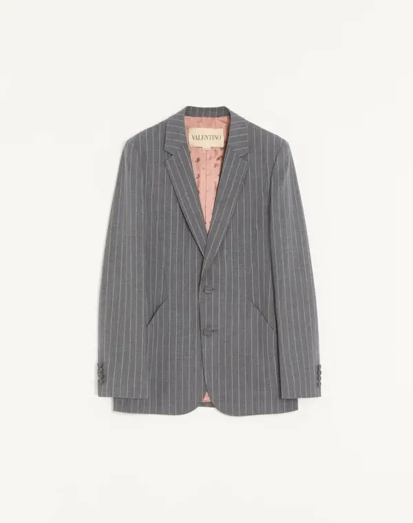 Valentino Garavani Single-breasted Jacket In Pinstripe Wool - Grey