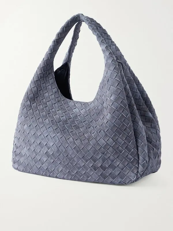 Bottega Veneta Campana Large Intrecciato Suede Shoulder Bag - Blue