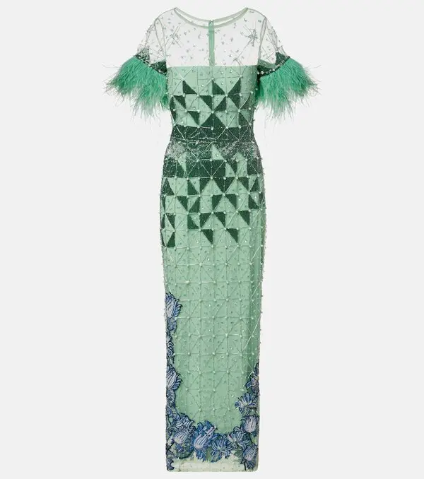 LA FUORI Là Fuori Embellished Feather-trimmed Gown - Green