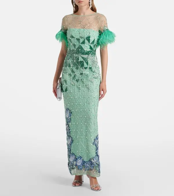 LA FUORI Embellished Feather-trimmed Gown