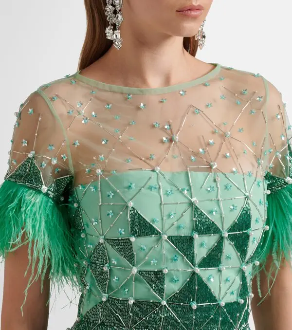 LA FUORI Embellished Feather-trimmed Gown