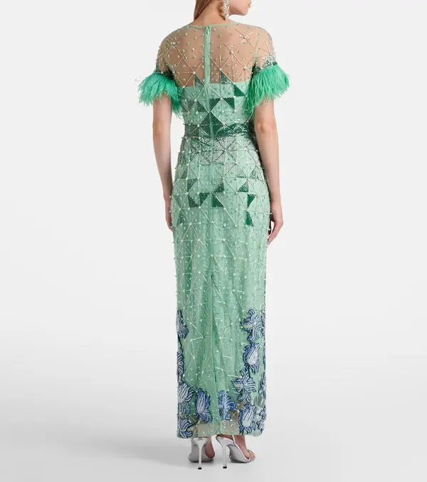 LA FUORI Embellished Feather-trimmed Gown