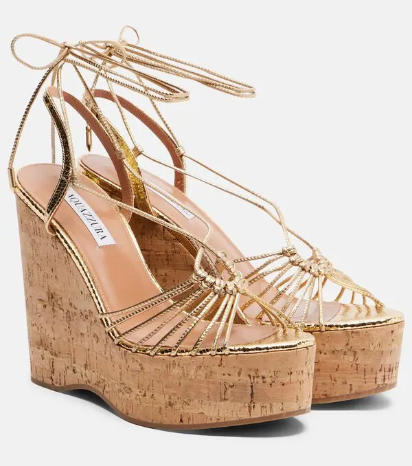 AQUAZZURA Ritmo Metallic Leather Wedge Sandals