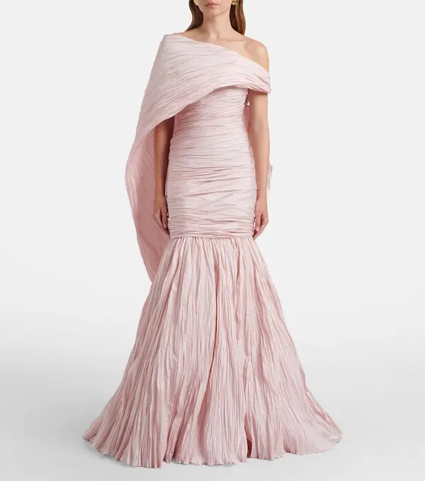 MARMAR HALIM Pleated Taffeta Gown And Cape Set - Pink