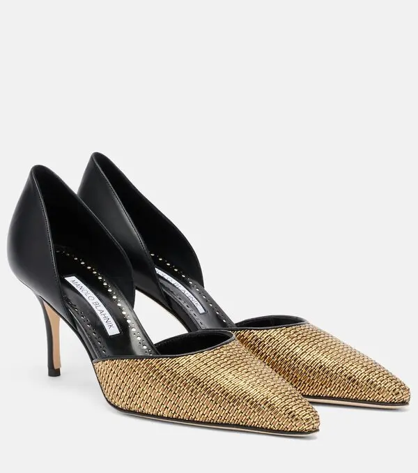 Manolo Blahnik Taylerbinu Leather-trimmed Woven Pumps - Gold