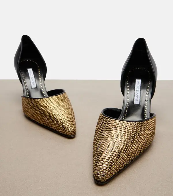 Manolo Blahnik Taylerbinu Leather-trimmed Woven Pumps