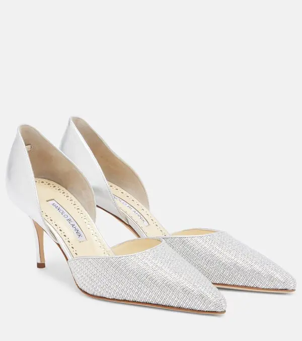 Manolo Blahnik Taylerbinu Leather-trimmed Woven Pumps - Silver