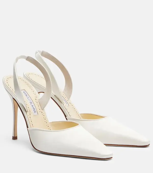 Manolo Blahnik Borelapla Satin Slingback Pumps - White