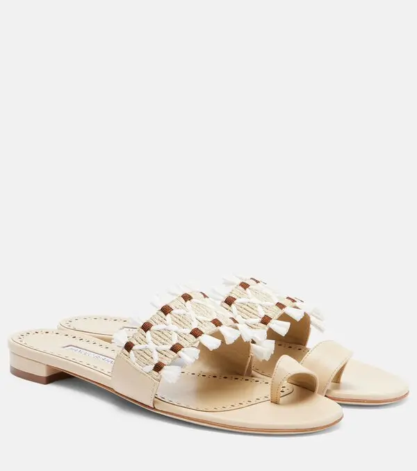 Manolo Blahnik Brava Raffia-trimmed Leather Sandals - Beige