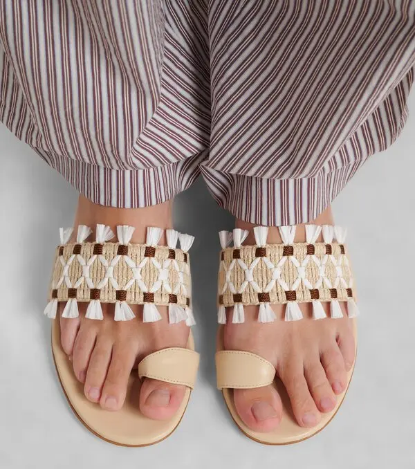Manolo Blahnik Brava Raffia-trimmed Leather Sandals - Beige
