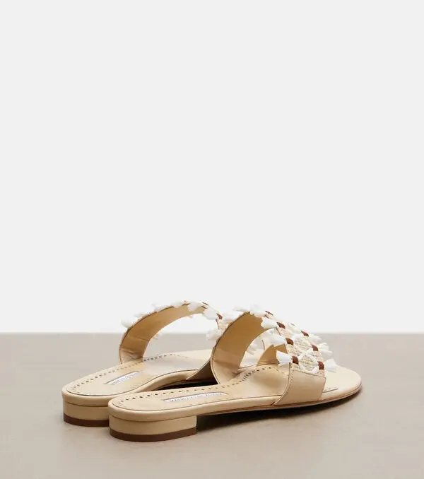 Manolo Blahnik Brava Raffia-trimmed Leather Sandals - Beige