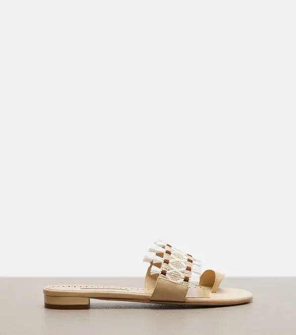 Manolo Blahnik Brava Raffia-trimmed Leather Sandals - Beige