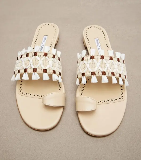 Manolo Blahnik Brava Raffia-trimmed Leather Sandals - Beige