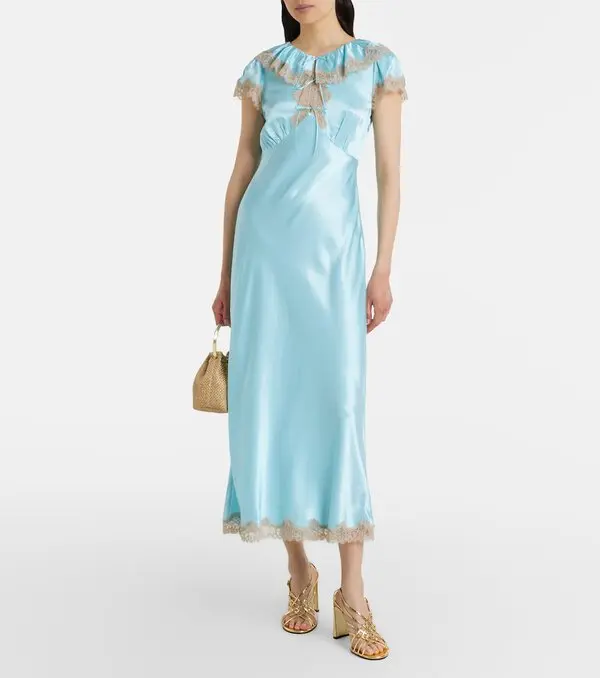 Rixo Viviene Lace-trimmed Satin Midi Dress - Blue