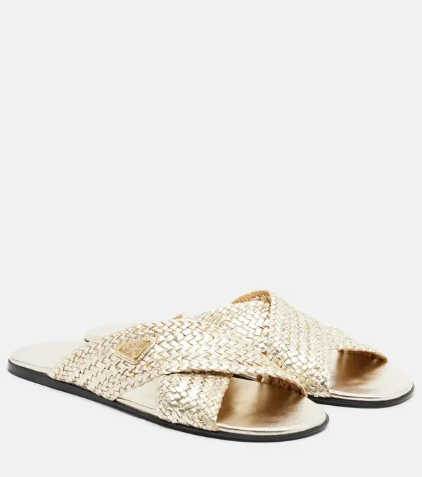 Prada Woven Leather Slides - Gold