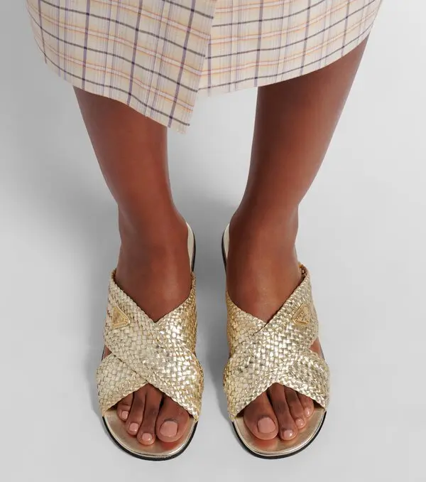 Prada Woven Leather Slides - Gold