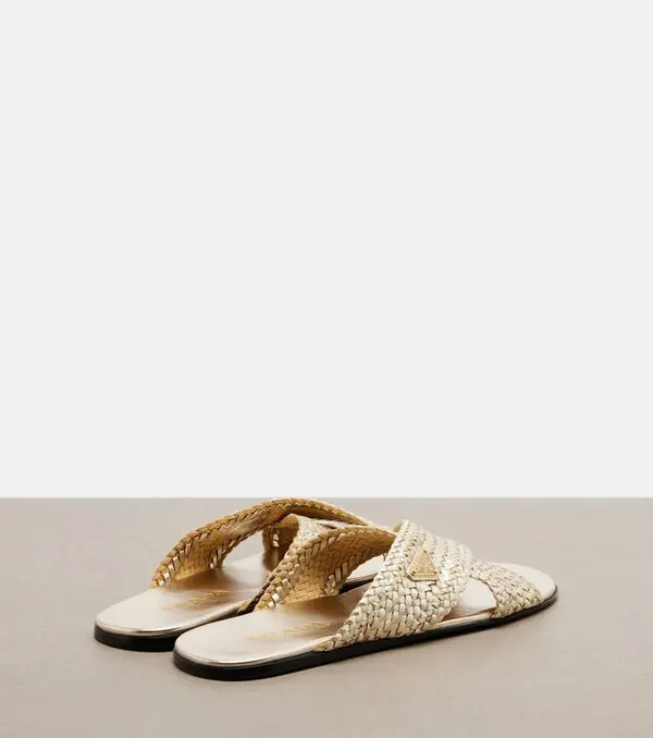 Prada Woven Leather Slides - Gold