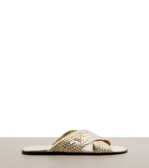 Prada Woven Leather Slides - Gold