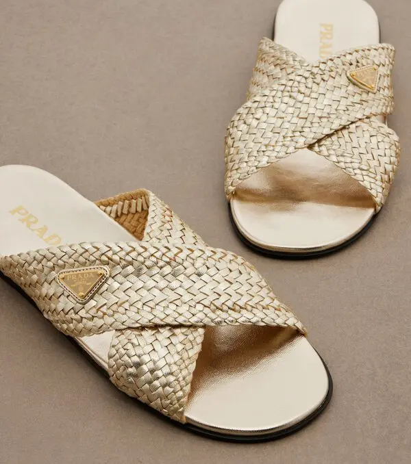 Prada Woven Leather Slides - Gold