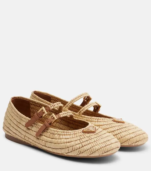 Prada Raffia-effect Mary Jane Flats - Beige