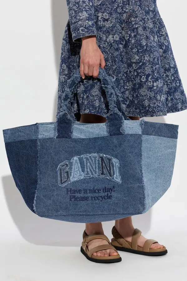 GANNI Logo Patchwork Shopper Bag - Navy Blue