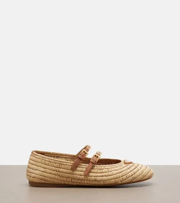 Prada Crochet Leather-trimmed Mary Jane Flats - Beige
