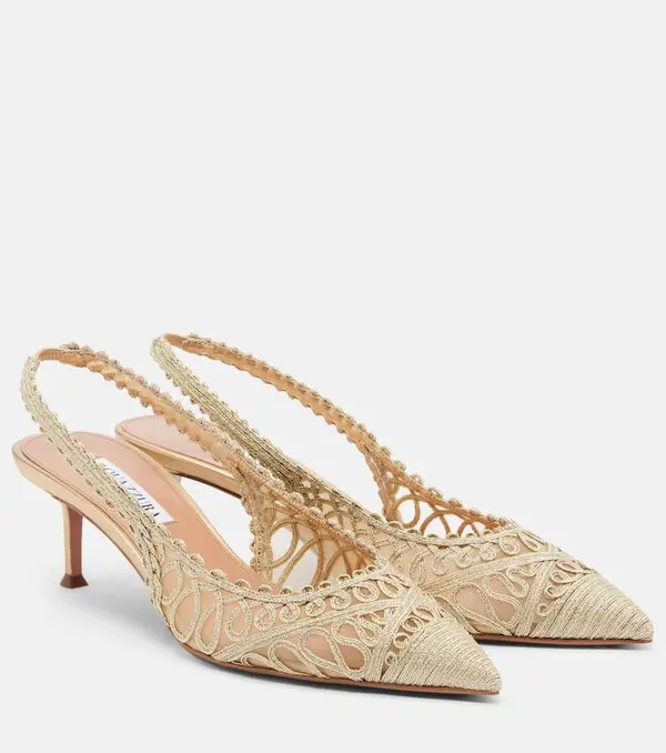 AQUAZZURA Kahlo Metallic Raffia And Mesh Slingback Pumps - Gold