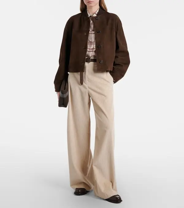 Brunello Cucinelli Cropped Suede Jacket With Cashmere Trim