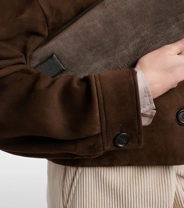 Brunello Cucinelli Cropped Suede Jacket With Cashmere Trim