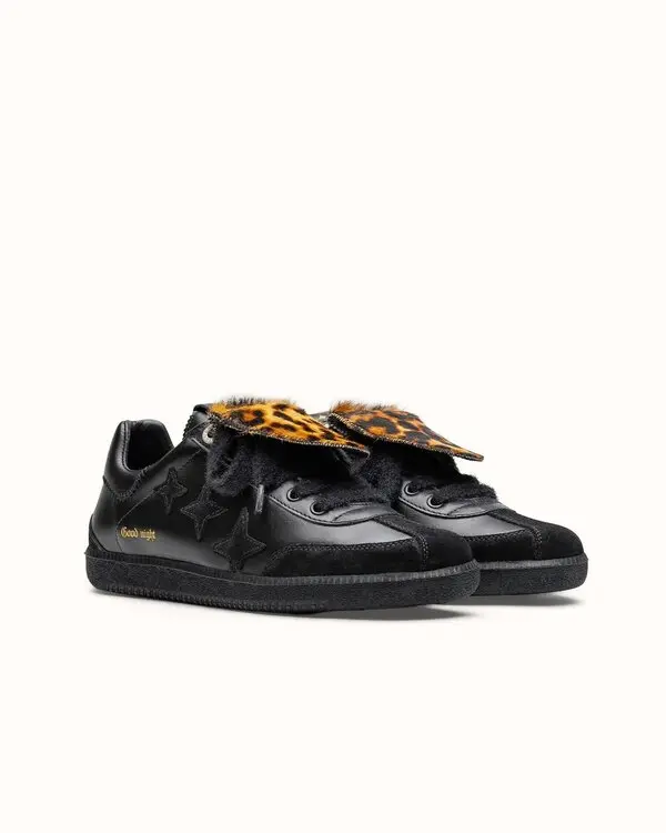DUKE + DEXTER Plus Duke Leather And Suede Sneakers With Detachable Leopard Print Pony Hair Tongues - Black