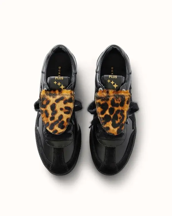 DUKE + DEXTER Plus Duke Leather And Suede Sneakers With Detachable Leopard Print Pony Hair Tongues - Black