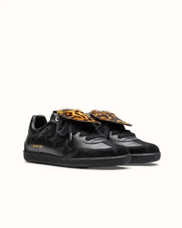 DUKE + DEXTER Plus Duke Leather And Suede Sneakers With Detachable Leopard Print Pony Hair Tongues - Black