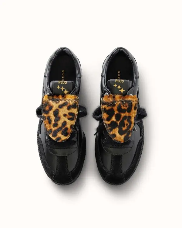 DUKE + DEXTER Plus Duke Leather And Suede Sneakers With Detachable Leopard Print Pony Hair Tongues - Black