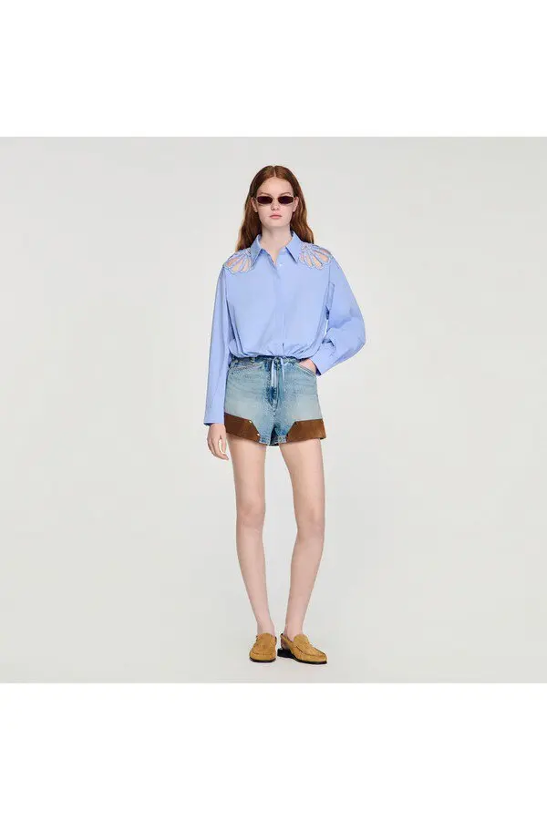 Sandro Embroidered Cotton Shirt - Blue