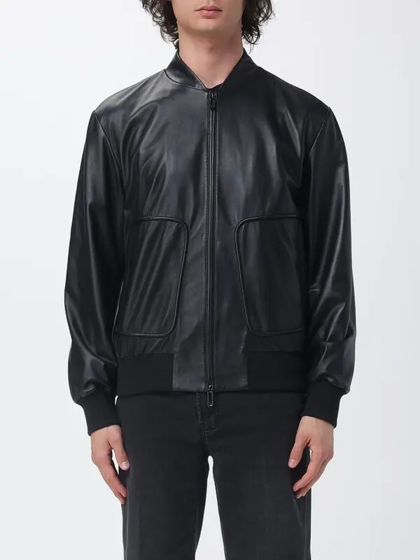 Emporio Armani Leather Bomber Jacket - Black