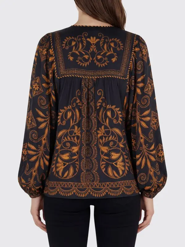 Farm Rio Printed Blouse With Tie Neck And Bishop Sleeves