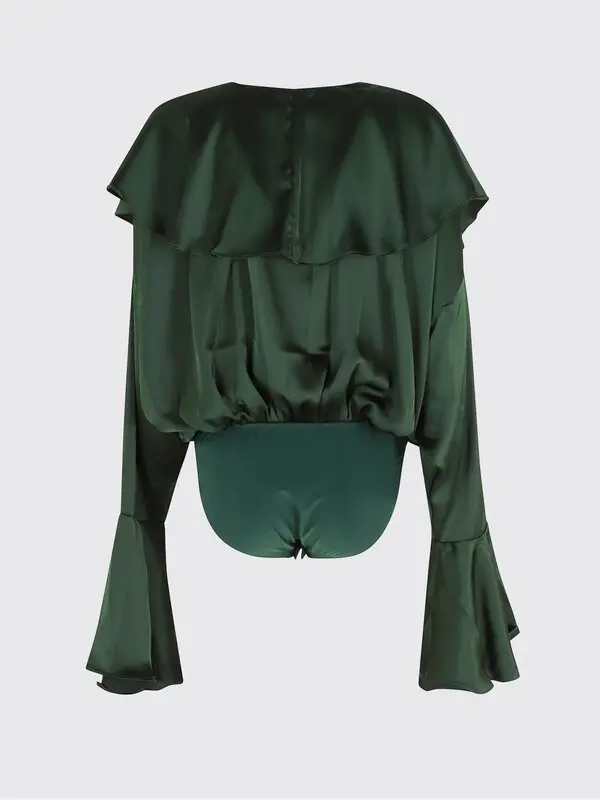 Norma Kamali Ruffled Satin Bodysuit Blouse - Emerald