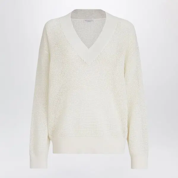 Brunello Cucinelli Cashmere Mesh Knit Sweater - White