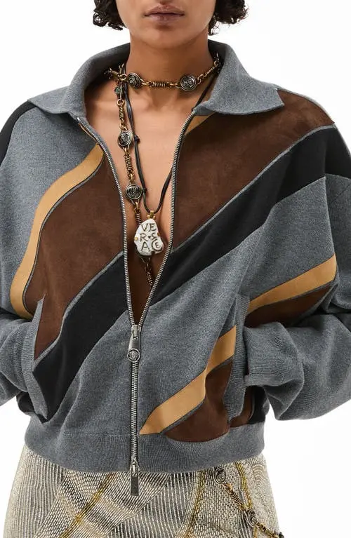 Versace Leather Stripe Knit Jacket - Medium Grey